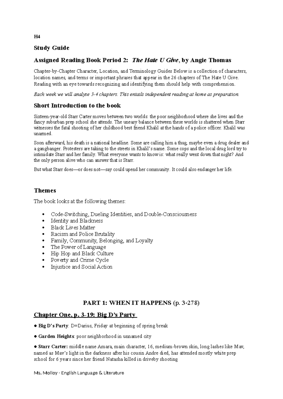 The Hate U Give Study Guide: Questions for Chapters 1-6 - Studeersnel