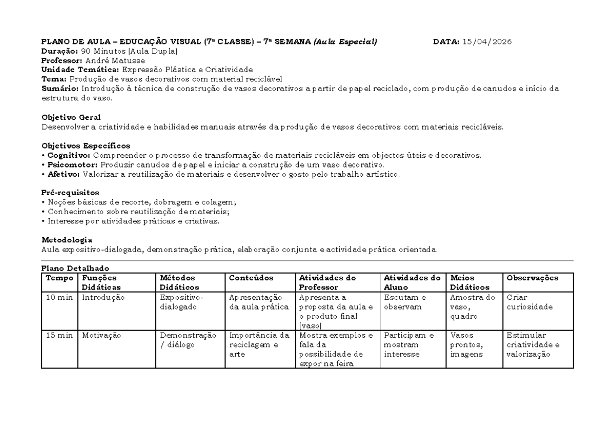 PLANO DE AULA EDUCAÇÃO VISUAL (7ª CLASSE) - 7ª SEMANA - Studocu