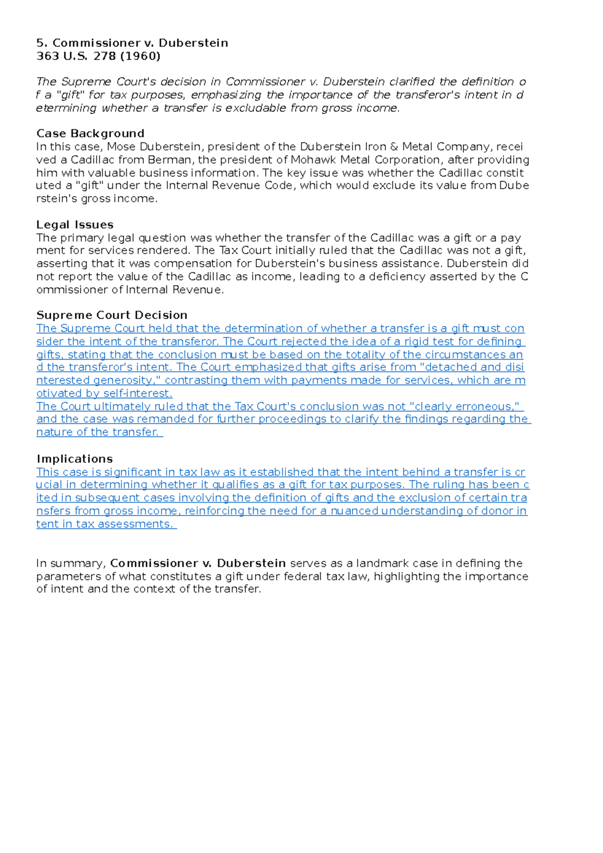 5. Case Study: Commissioner v. Duberstein 363 U.S. 278 (1960) - Studocu