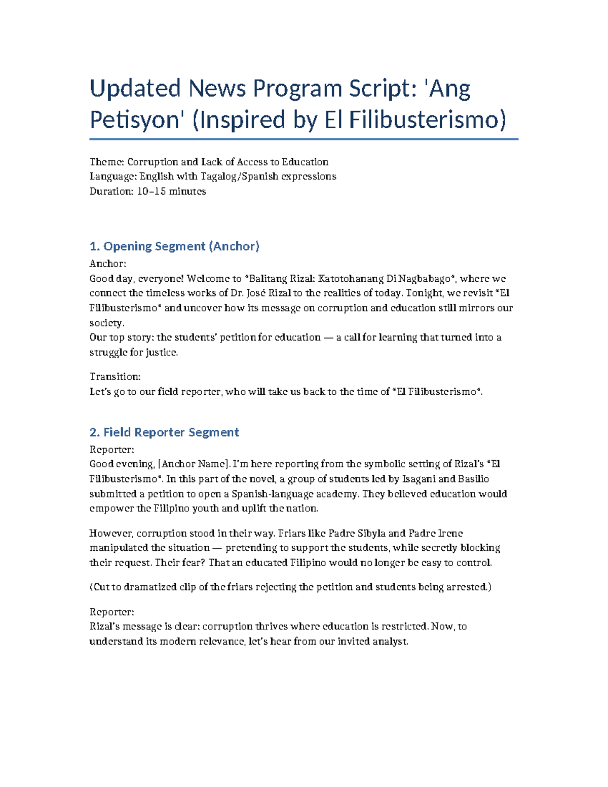Updated News Program Script: El Filibusterismo on Corruption ...