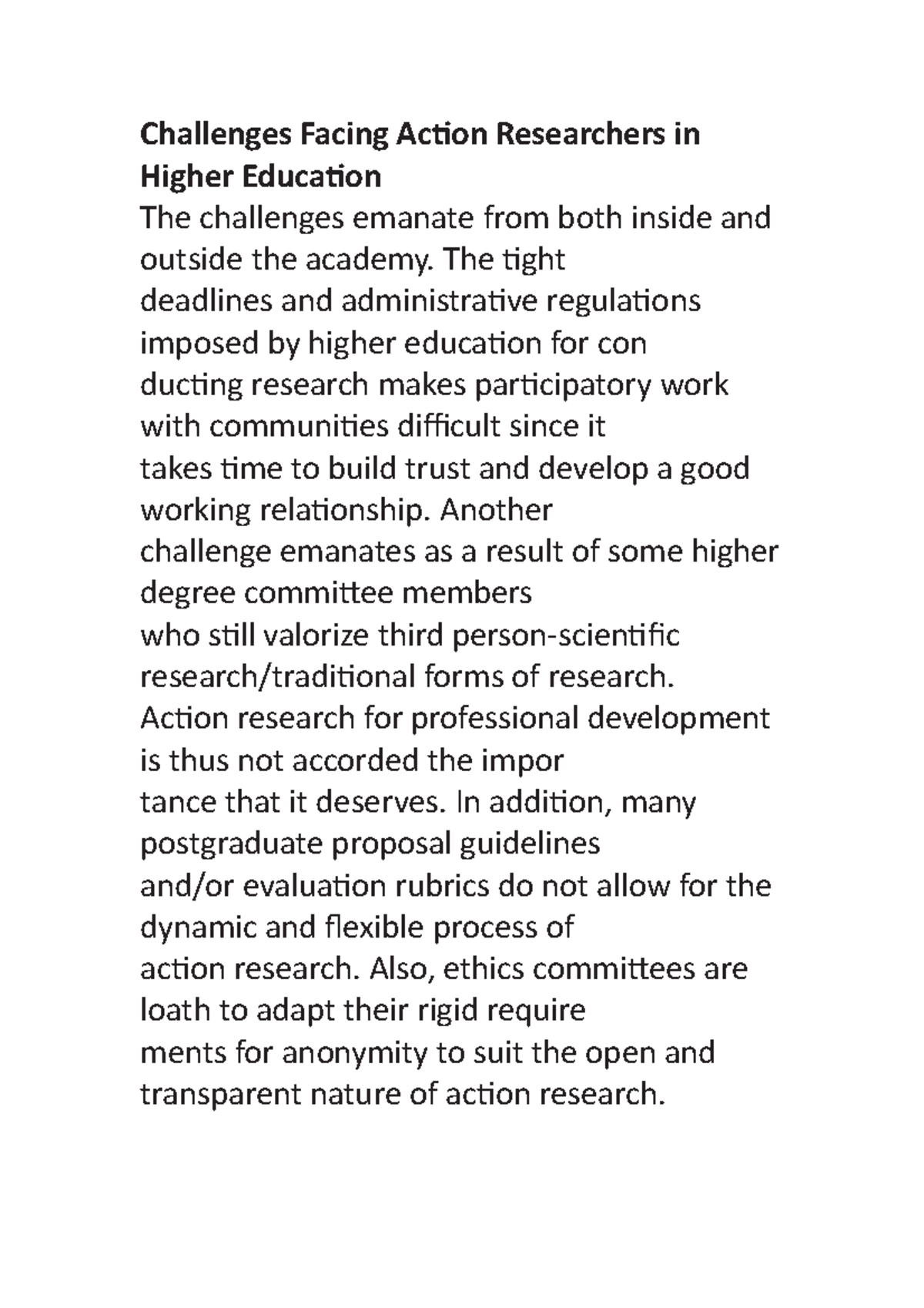 Challenges Facing Action Researchers in Higher Education - Challenges ...