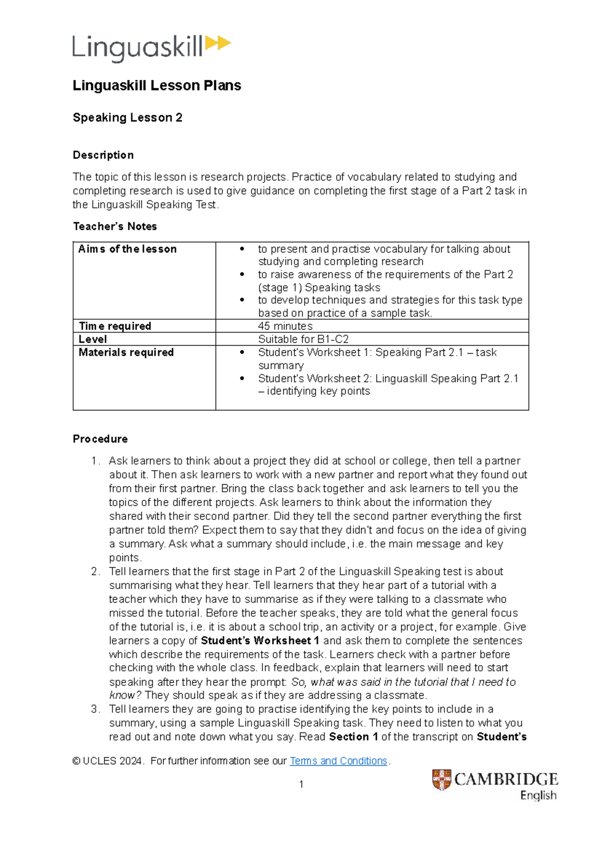 Linguaskill Speaking Lesson Plan 2: Research Projects Overview - Studocu