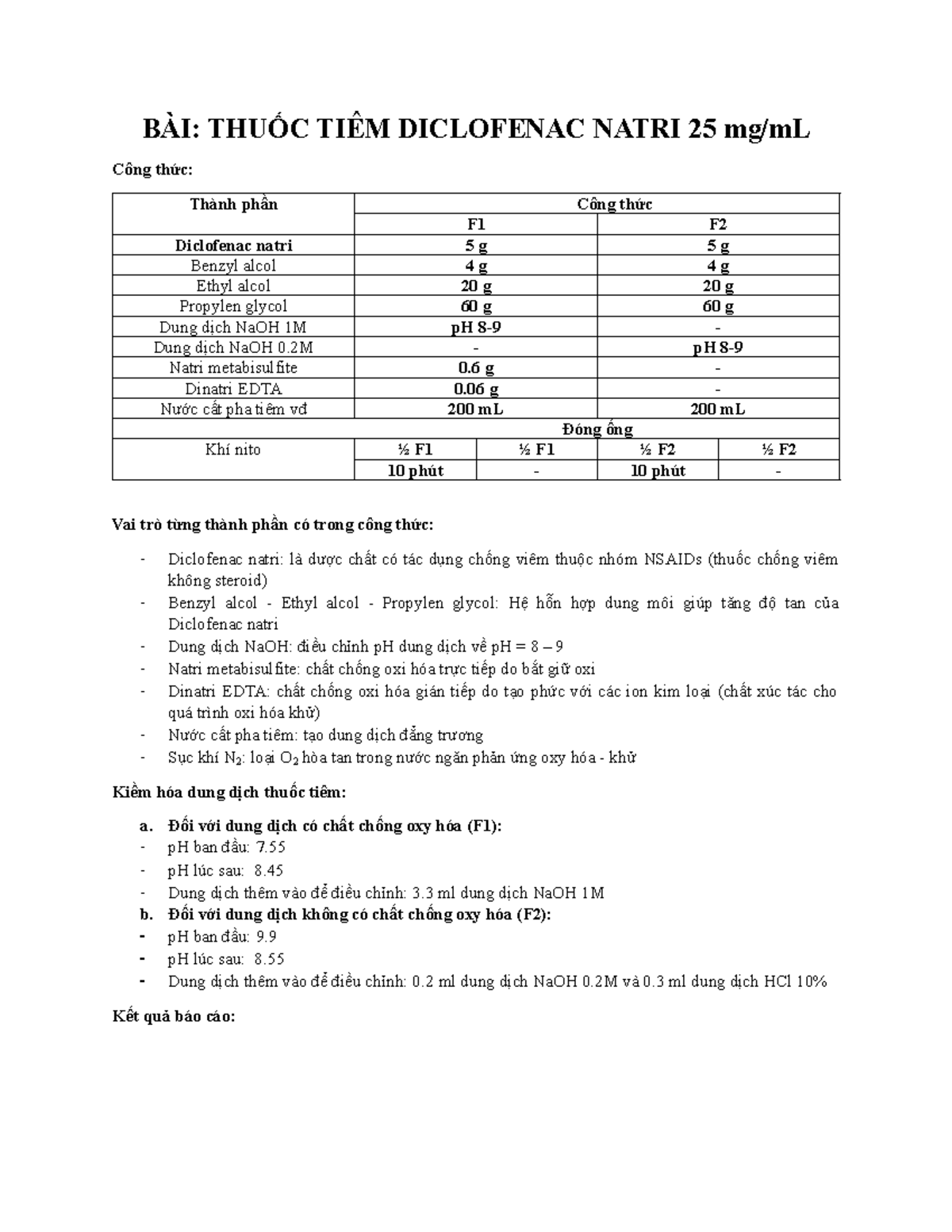 Tiêm Diclofenac Natri 25 mg/mL - Công thức và Vai trò Thành phần - Studocu