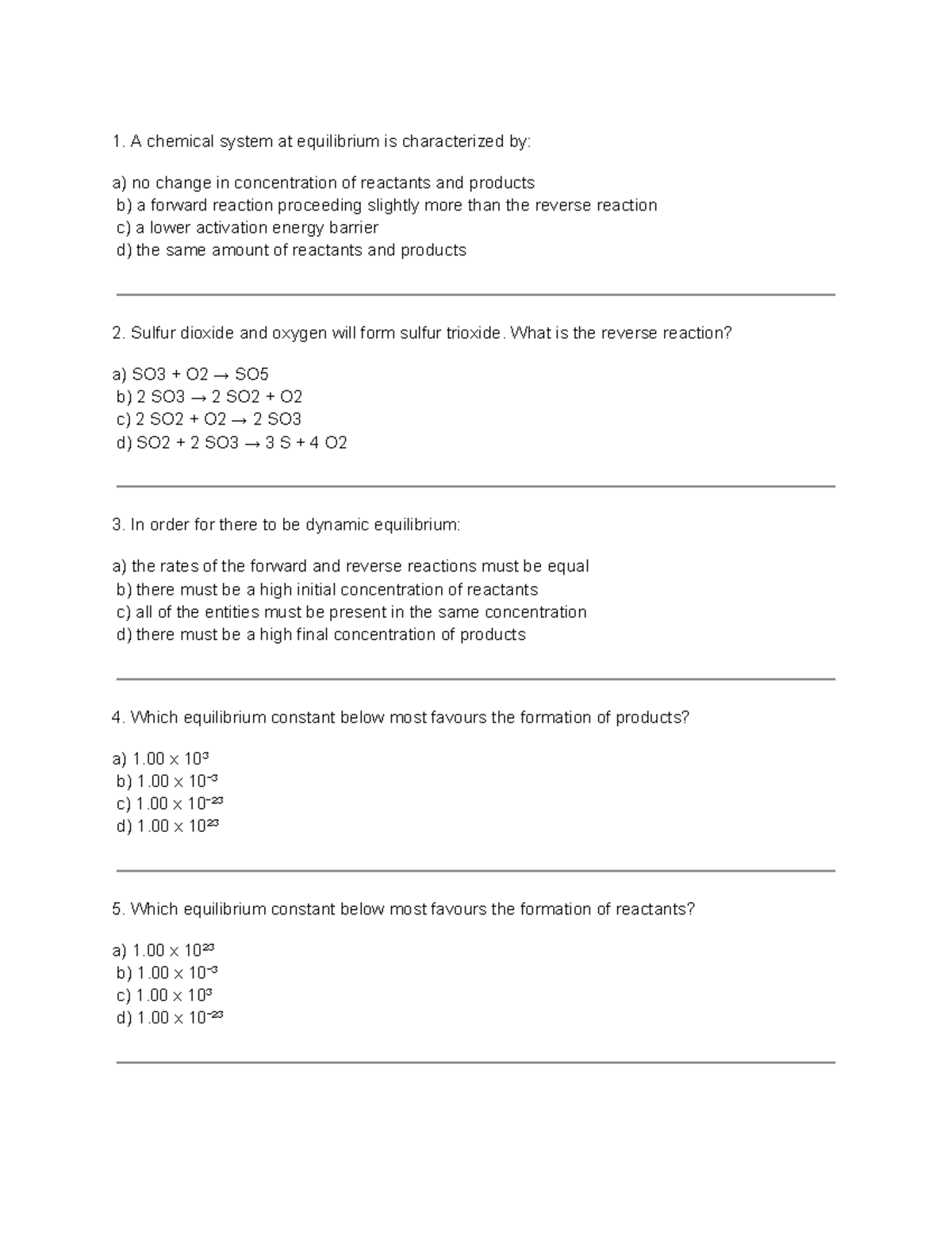 Chemical Systems at Equilibrium Quiz (CHEM 101) - Studocu