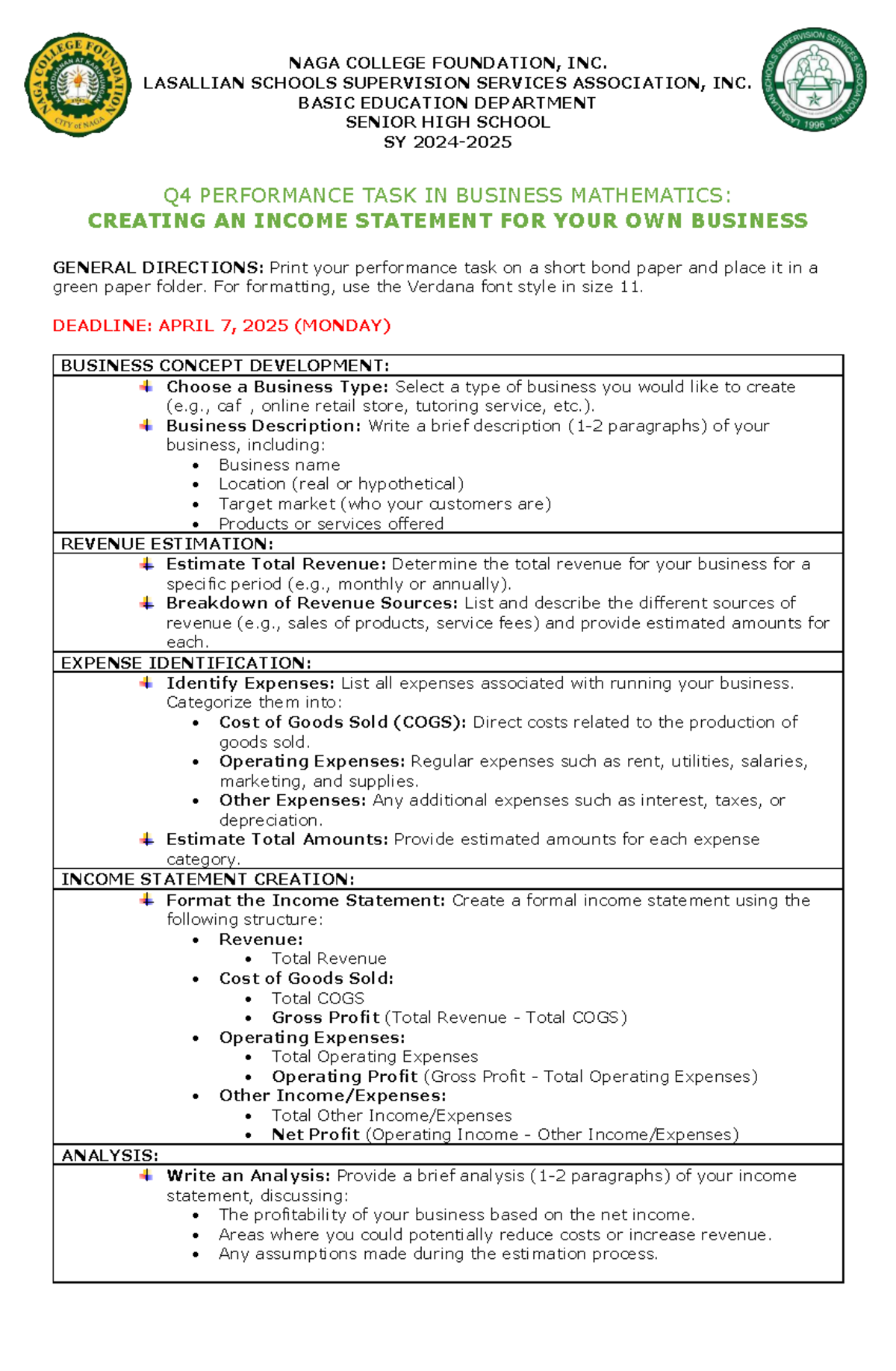 Q4 performance task in business mathematics: creating an income ...