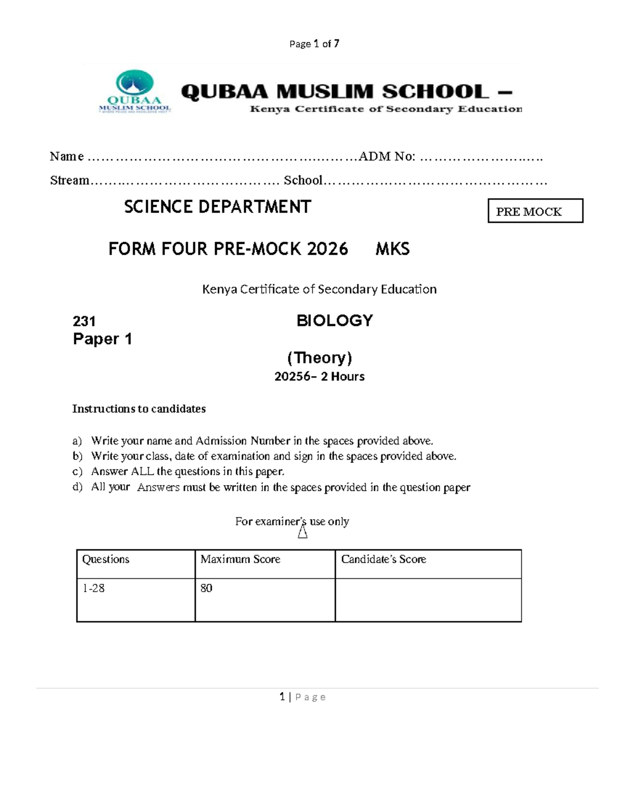 BIO 231 Pre-Mock Paper 1 (Theory) 2026 - MKS Science Dept. - Studocu