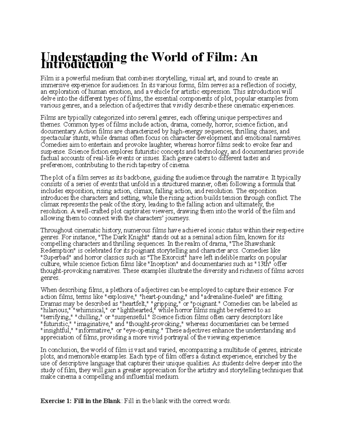 Understanding the World of Film - exercise - Understanding the World of ...