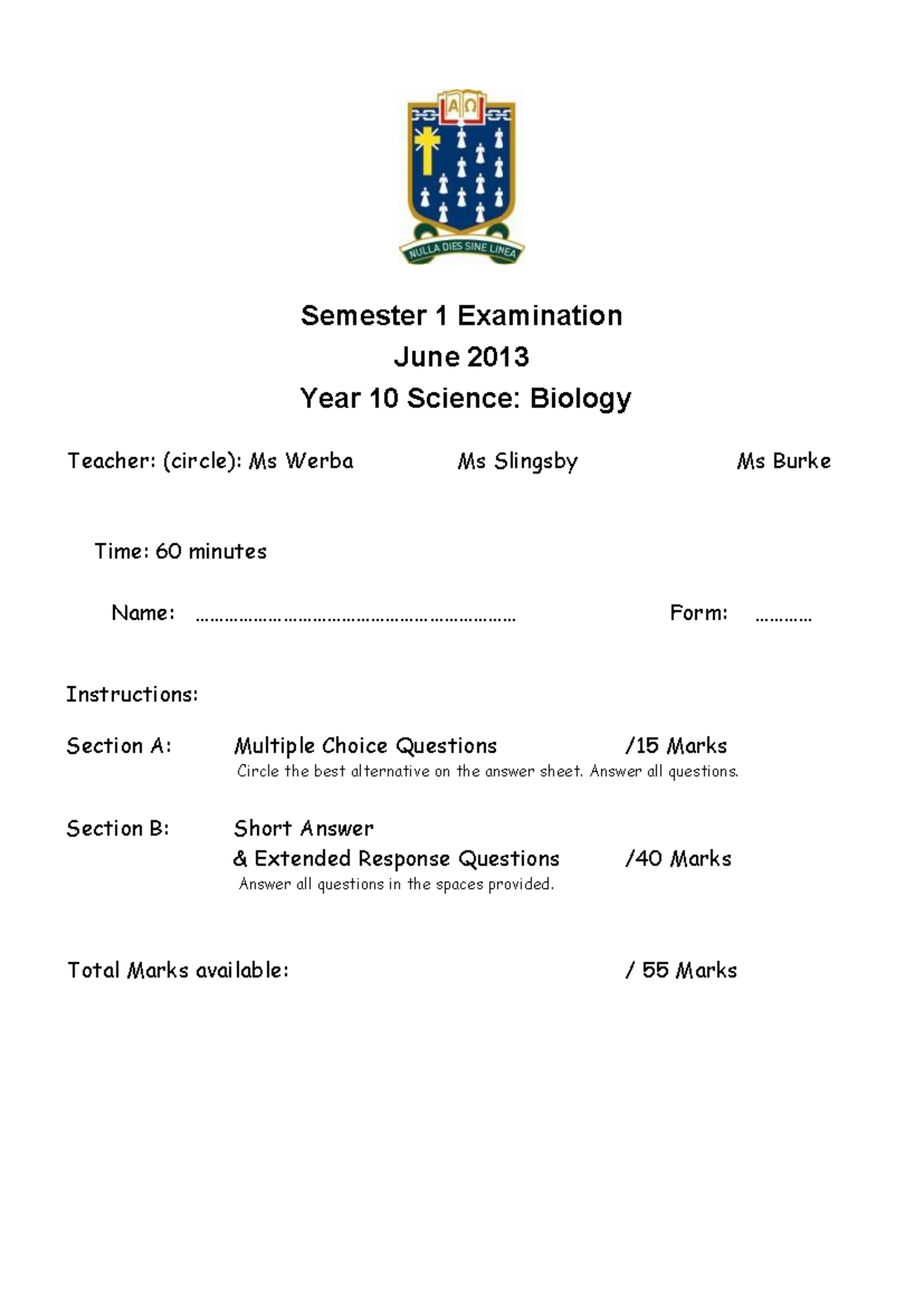 2018 Year 10 Biology Exam: Semester 1 Examination - Studocu