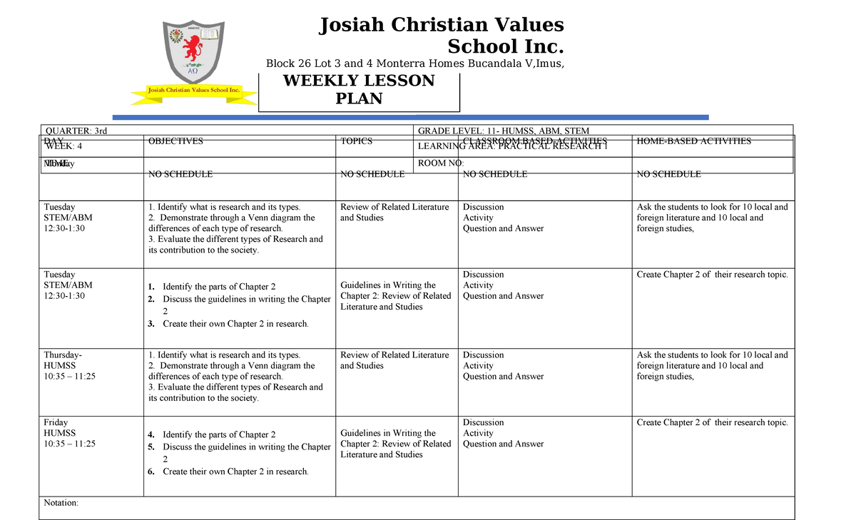 WEEK 4 PR1 - LESSON PLAN FOR 3RD GRADE HUMSS, ABM, STEM - Studocu