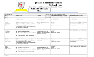 WEEK 4 Reading AND Writing - DAY OBJECTIVES TOPICS CLASSROOM BASED ...