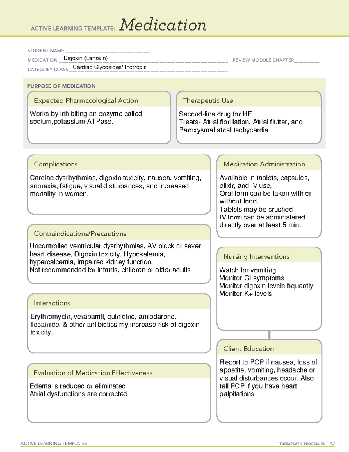 ATI Digoxin (Lanoxin) Med Sheet: Active Learning Template for ...