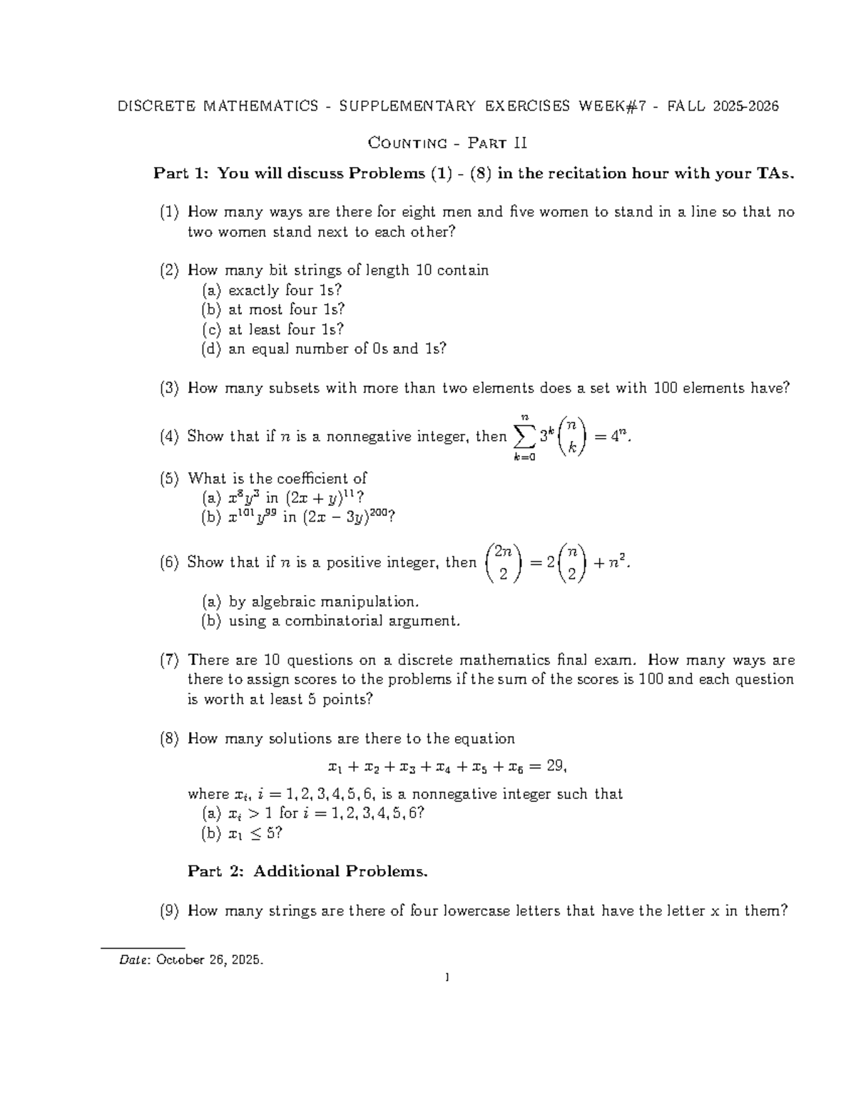 DISCRETE MATHEMATICS SUPPLEMENTARY EXERCISES FALL 2025 - Studocu