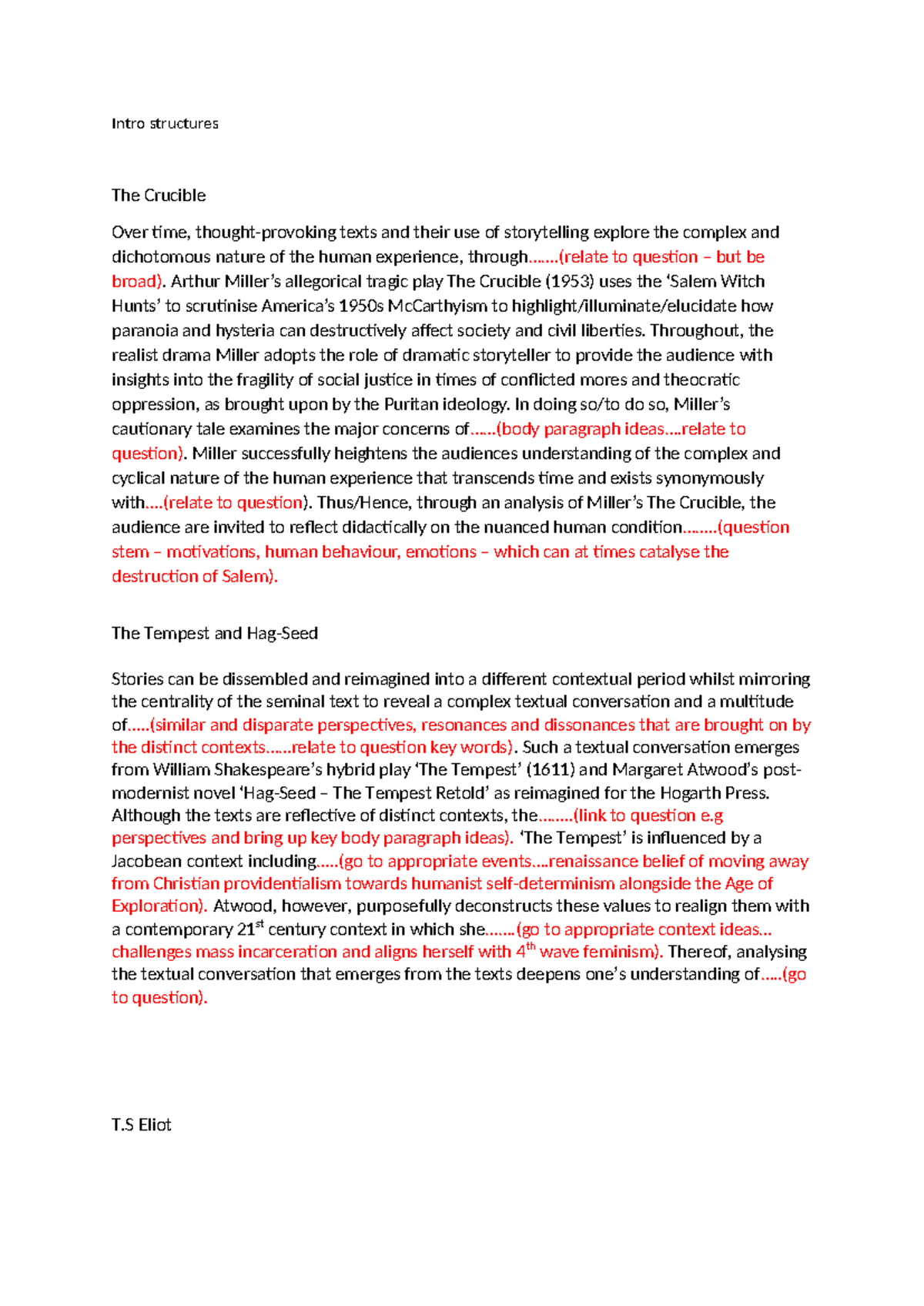 ENG101: Introductory Paragraphs for Essays on The Crucible & T.S. Eliot ...