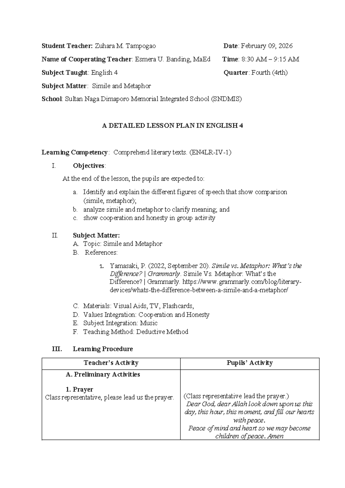 Detailed Lesson Plan: Simile and Metaphor for English 4 (4th Quarter ...