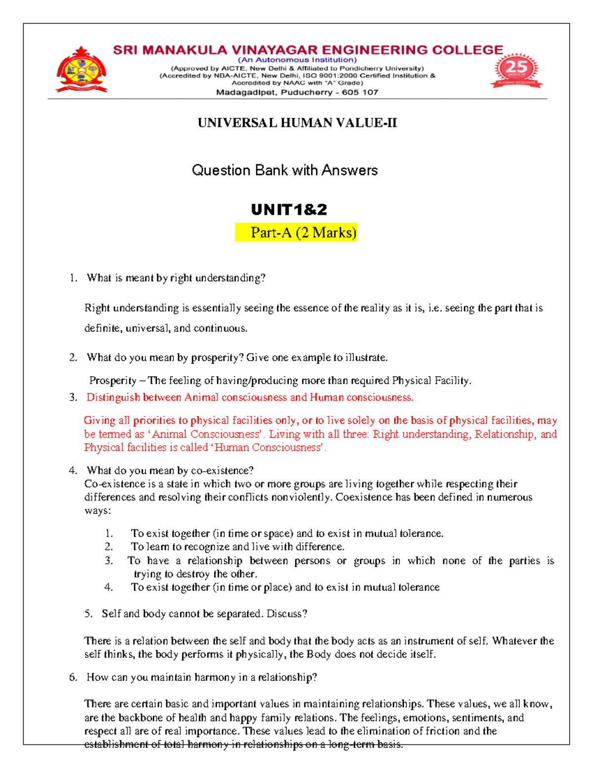 UHV-II Question Bank with Answers: All 5 Units Explained - Studocu