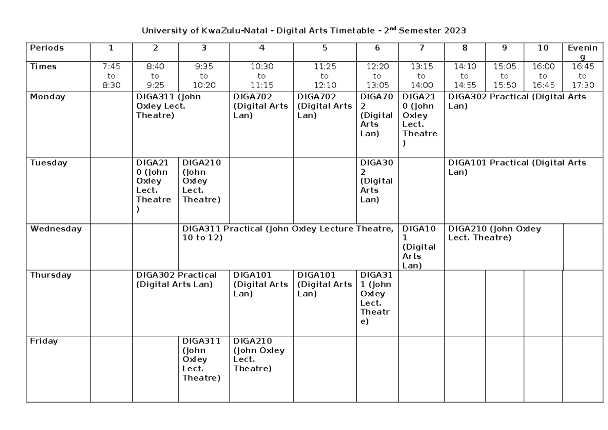 Digital Arts Studies Timetable - Sem, 2, 2023 - University of KwaZulu-Natal - Digital Arts ...