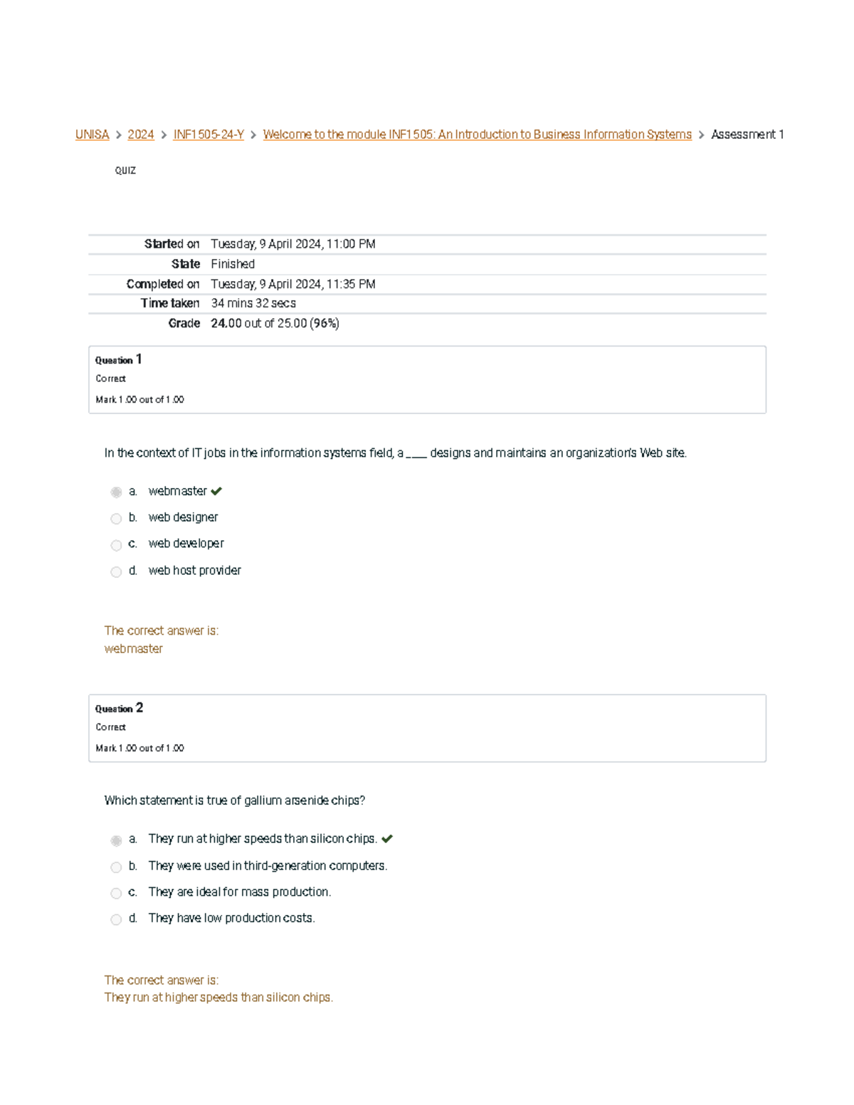 INF1505 Quiz Reviews and Results for 2024 - Studocu