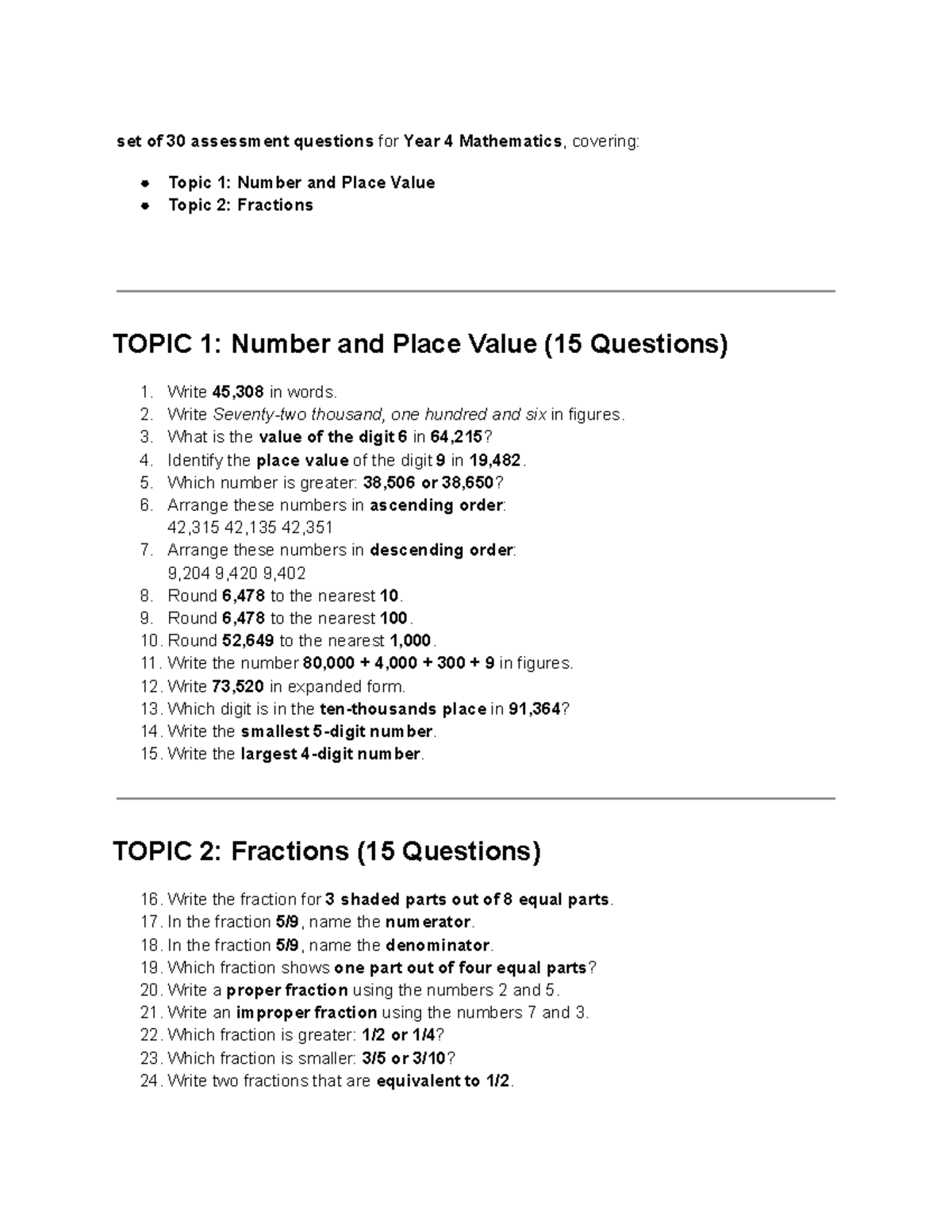 Year 4 Math Assessment: 30 Questions on Numbers & Fractions - Studocu