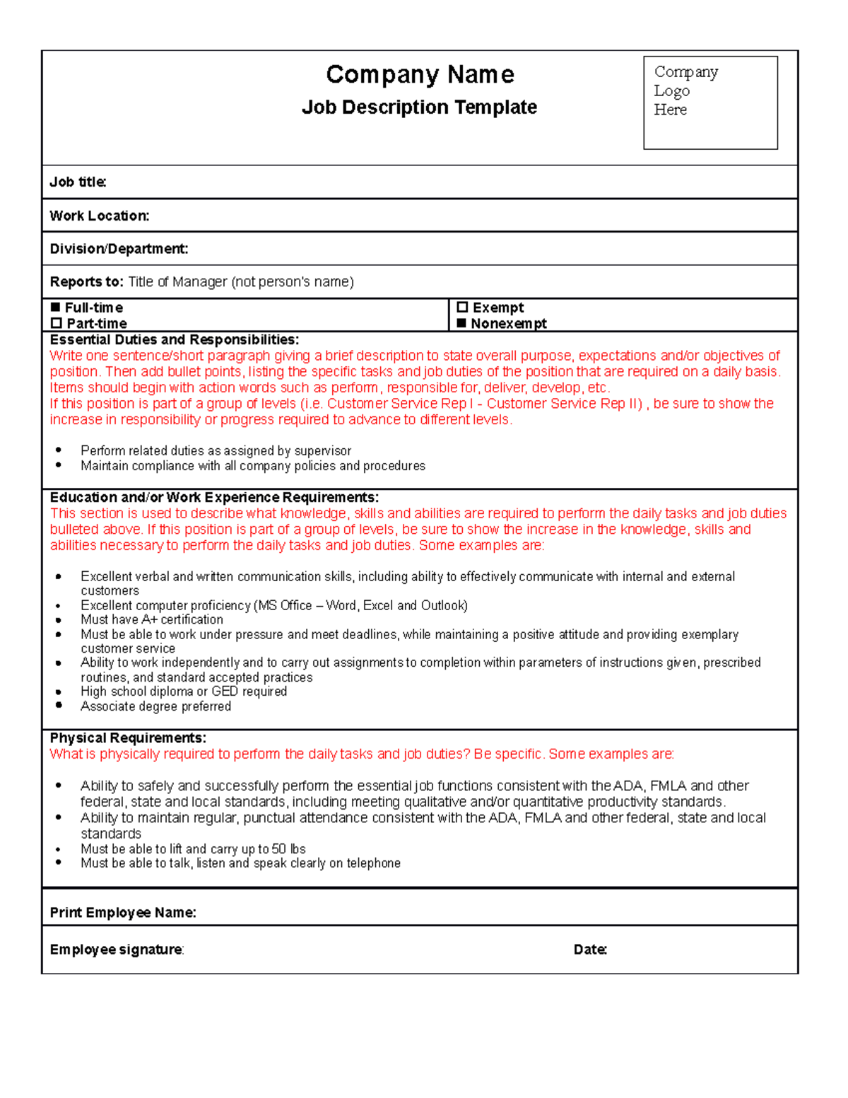 Job Description Template - Essential Duties & Requirements Guide - Studocu