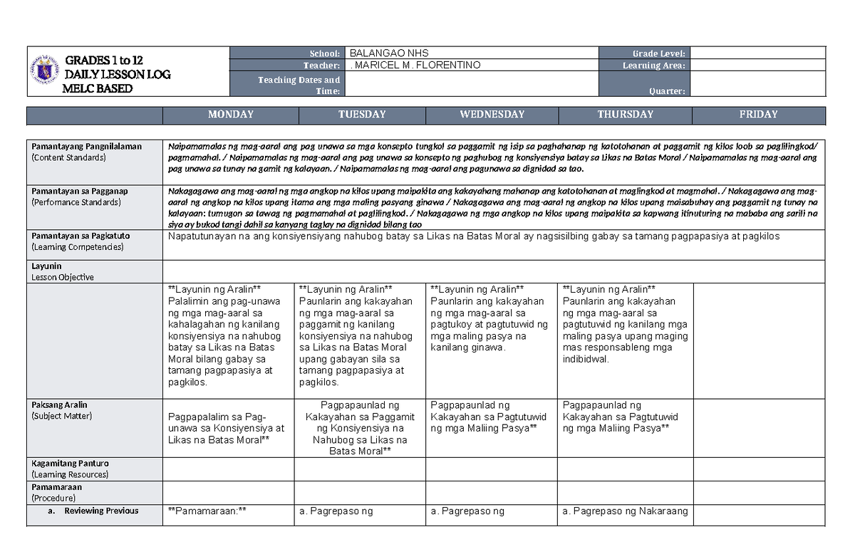 WEEK 4 - LESSON PLAN FOR GRADES 1-12: MELC BASED - Studocu