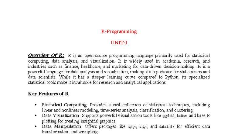 R Programming Essentials: Overview, Features, and Data Handling - Studocu