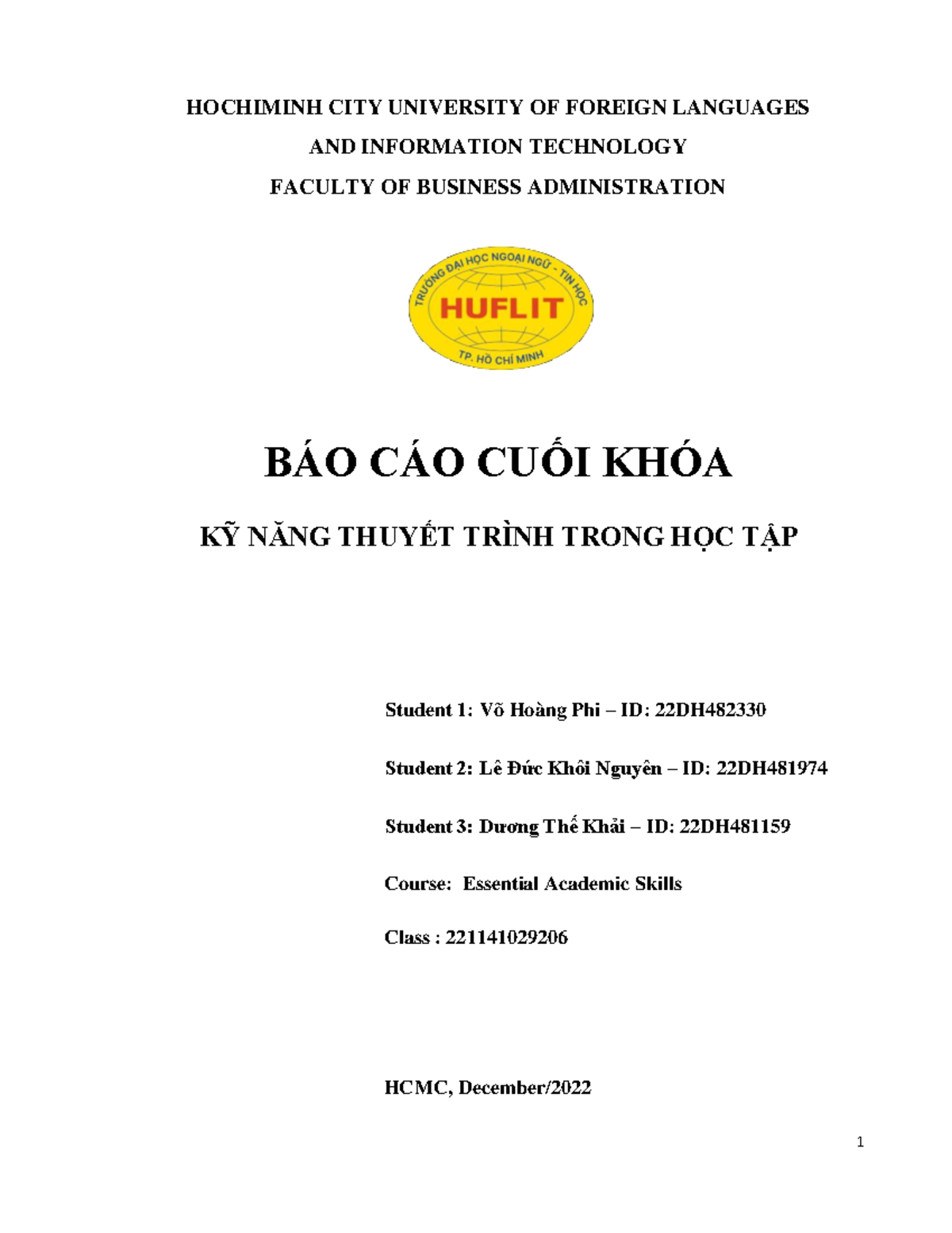 Báo Cáo Cuối Khóa: Kỹ Năng Thuyết Trình - Khóa 221141029206 - Studocu