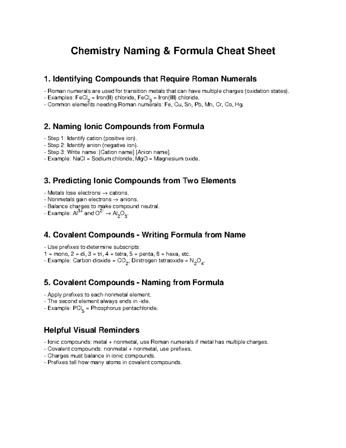 Chemistry Naming & Formula Cheat Sheet: Ionic & Covalent Compounds ...