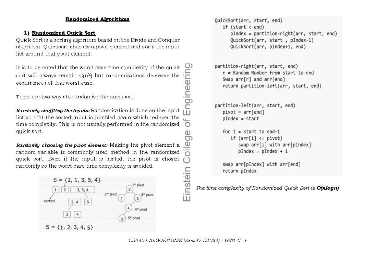 Unit 5 Cs3401 Algorithms Randomized Algorithms 1 Randomized Quick 6749