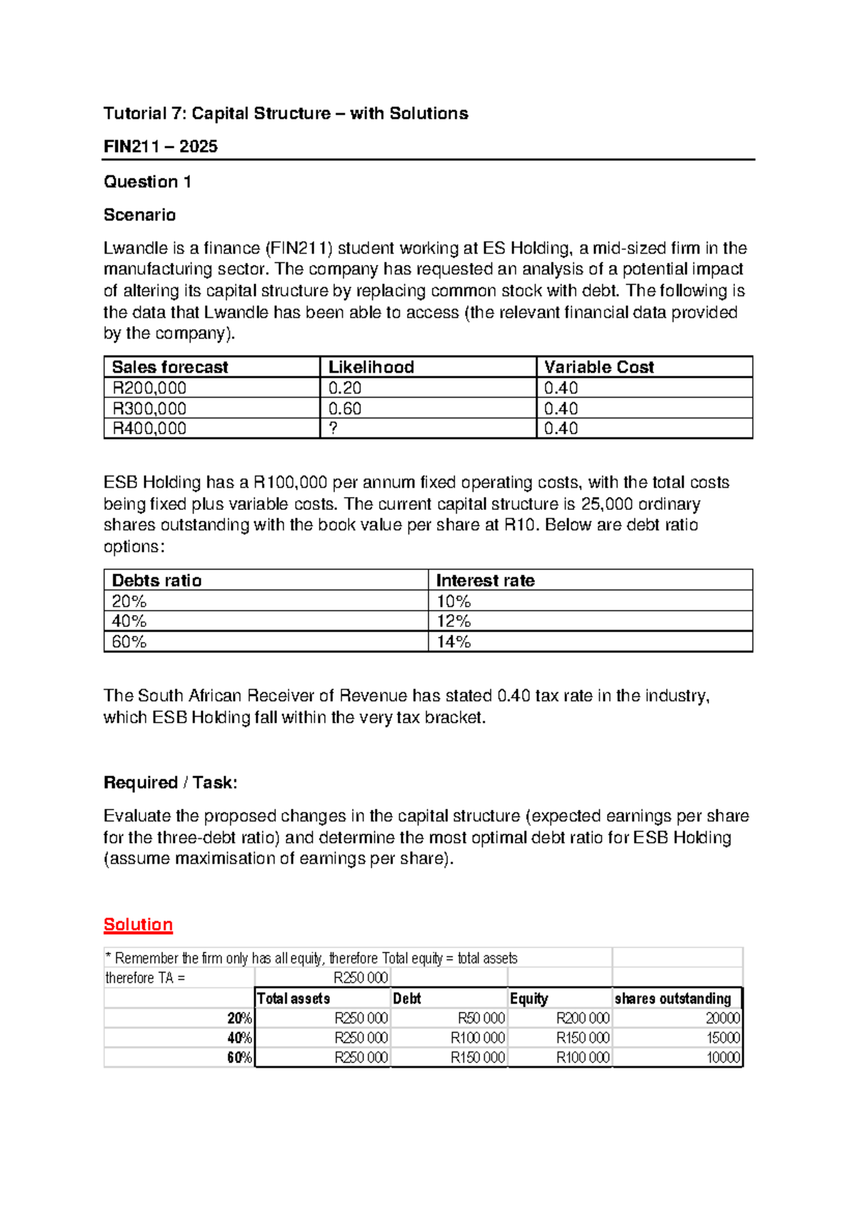 Capital Structure Analysis & Solutions for FIN211 Tutorial 7 - Studocu