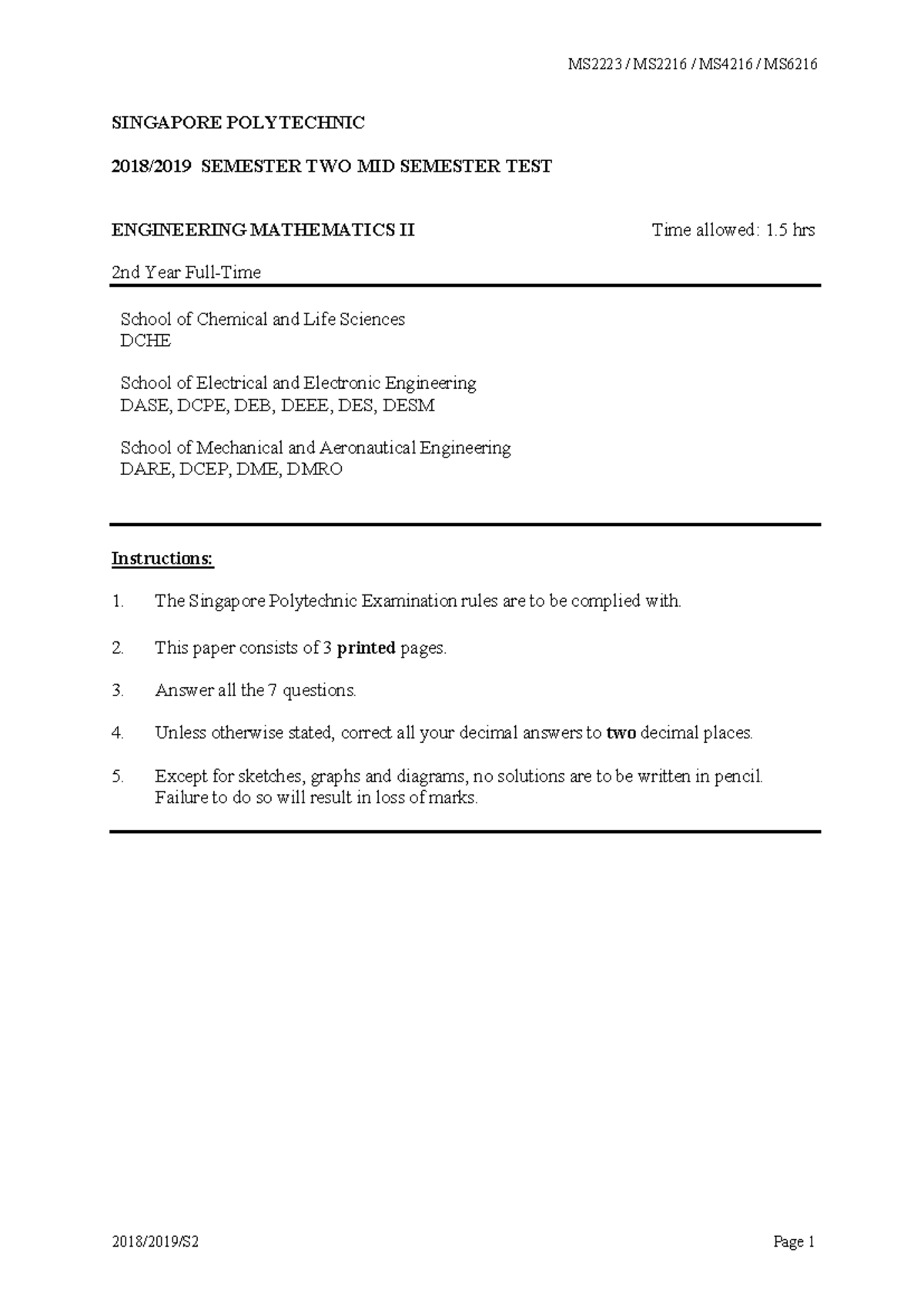 MS2216 MS4216 MS6216 Engineering Mathematics II Mid Semester Test ...