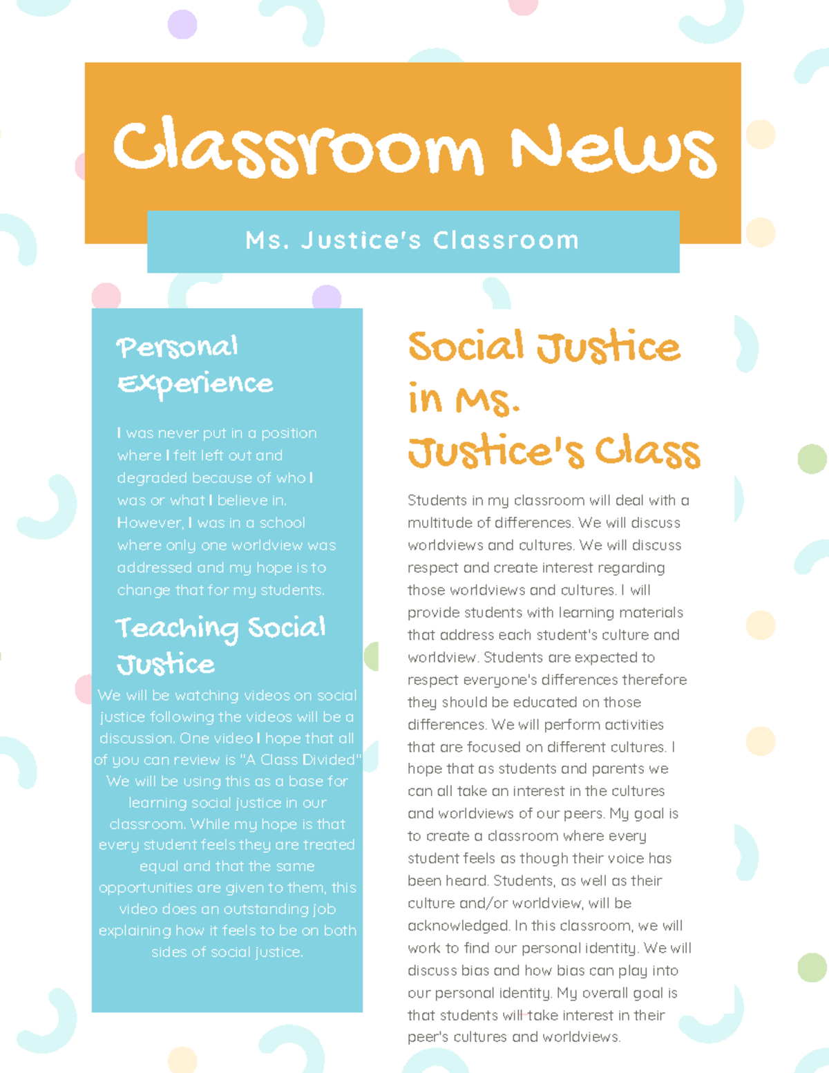 Social Justice in Education Newsletter - Classroom News M s. J u s t i ...
