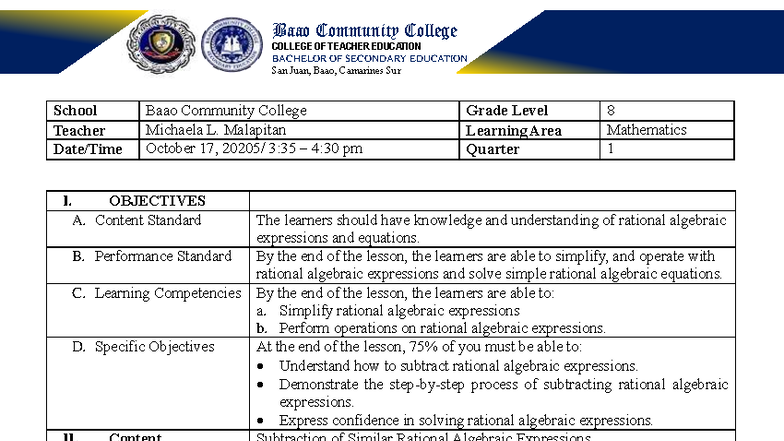Rational Algebraic Expressions Lesson Plan for Grade 8 Math (DLP) - Studocu