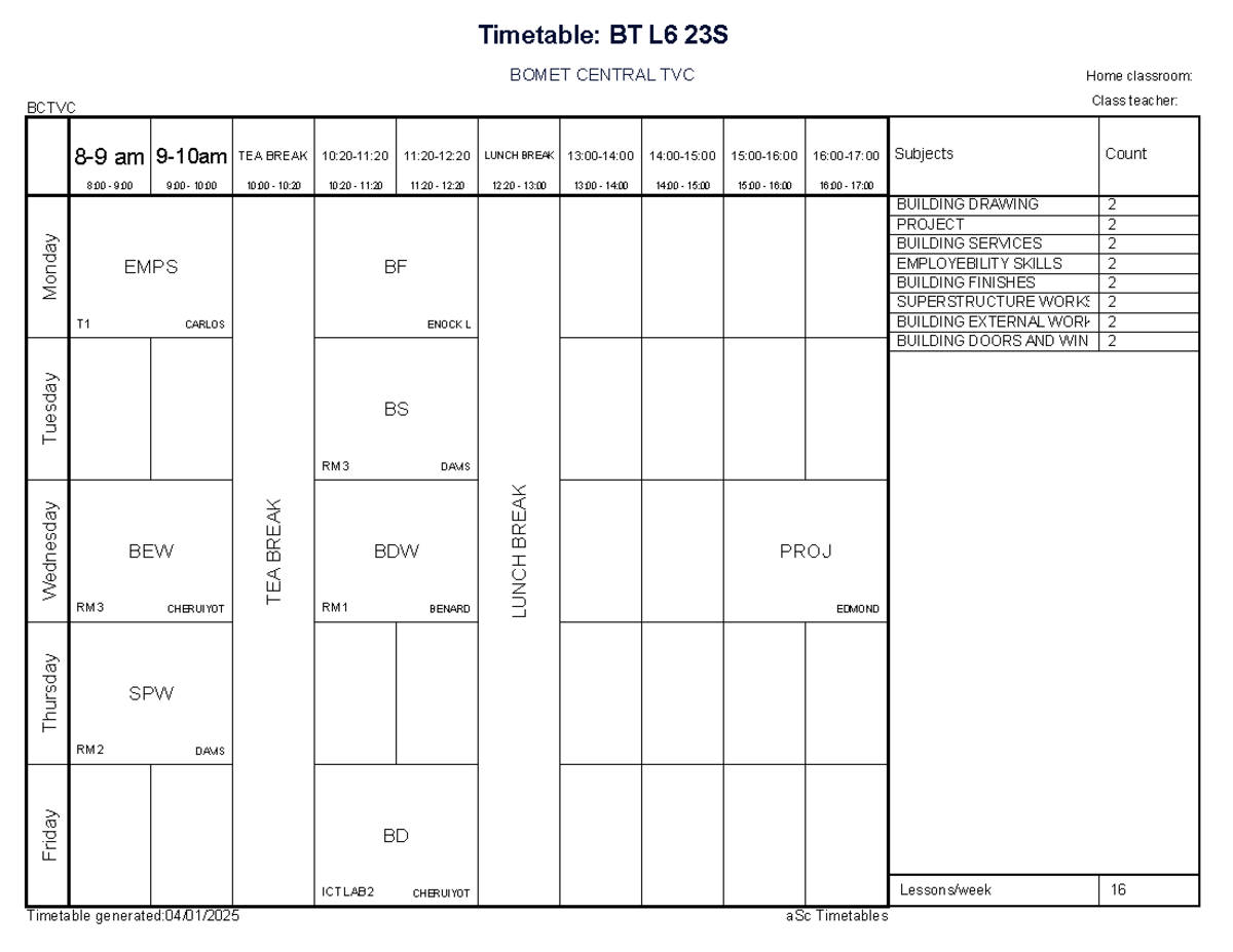 Jan 2025 timetable for each class - Subjects Count BUILDING DRAWING 2 ...