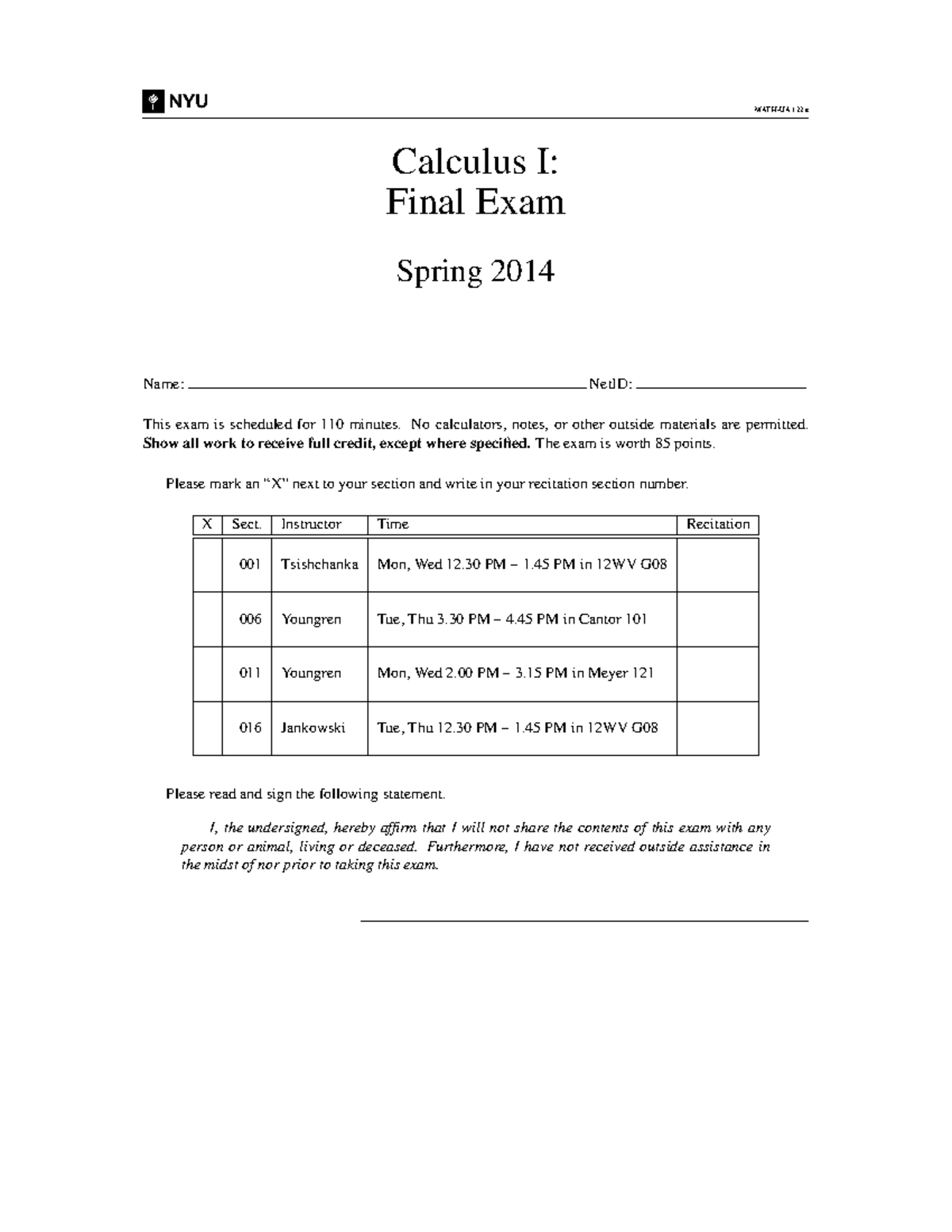 143 Spring 2014 Calculus I - Final Exam & Answer Sheet Guide - Studocu