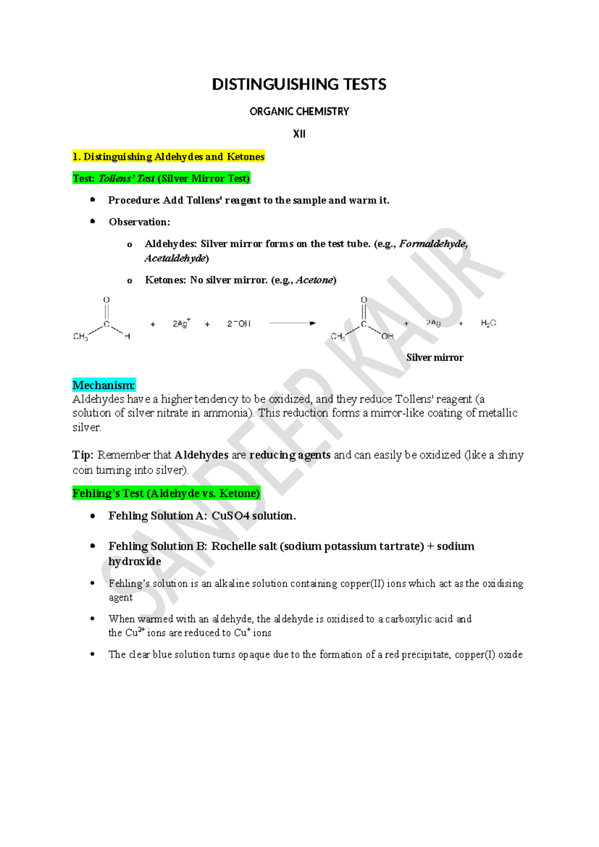 Distinguishing Tests in Organic Chemistry XII: Key Reactions and ...