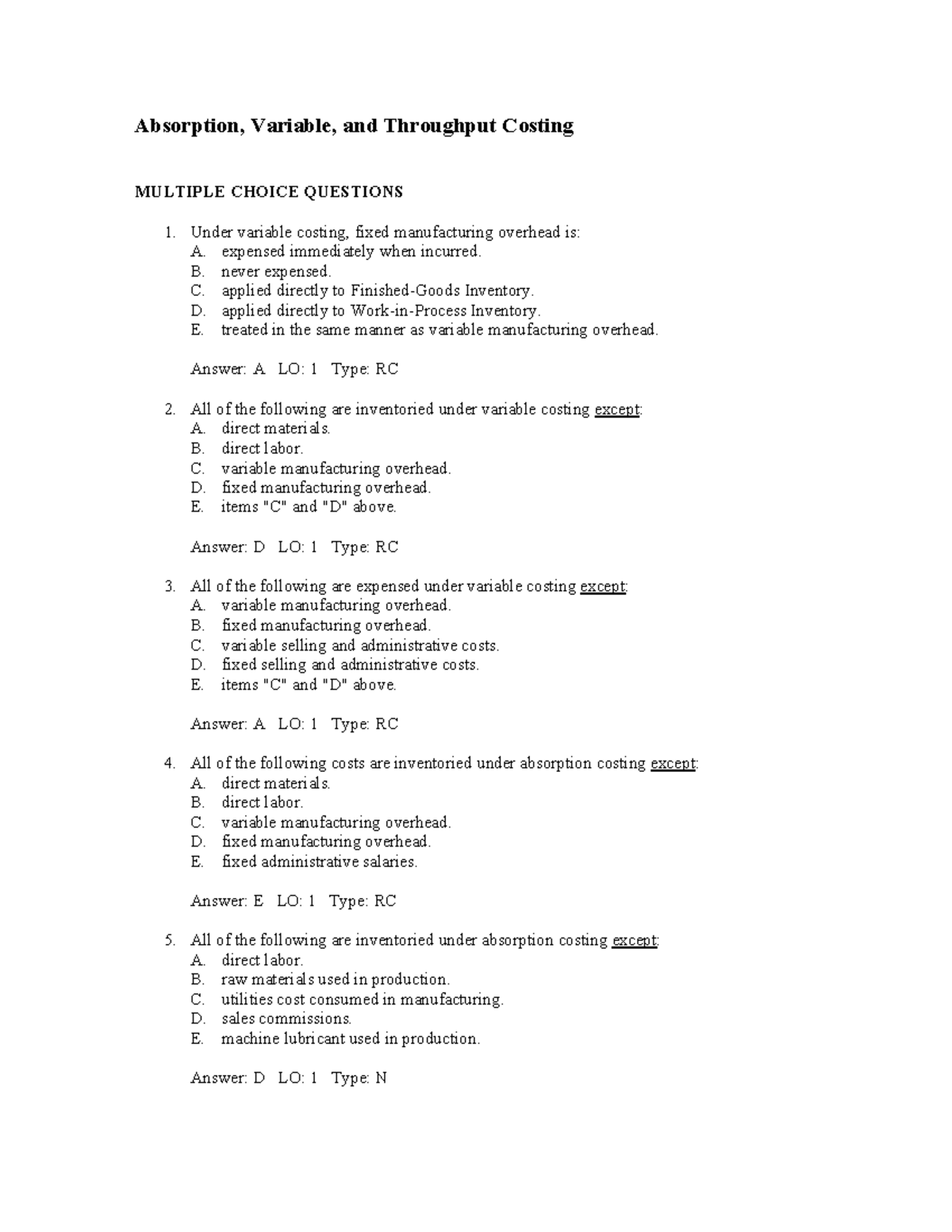 Absorption Variable And Throughput Costing - Absorption, Variable, and Throughput Costing ...