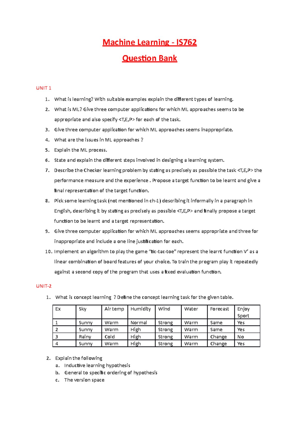 ML -Question Bank-1 - Machine Learning - IS Question Bank UNIT 1 What ...