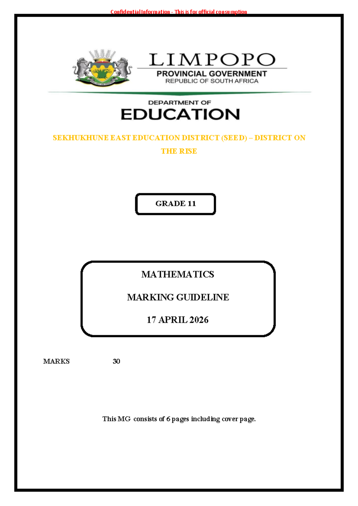 SEED Grade 11 Mathematics Weekly Test Marking Guidelines 2026 - Studocu