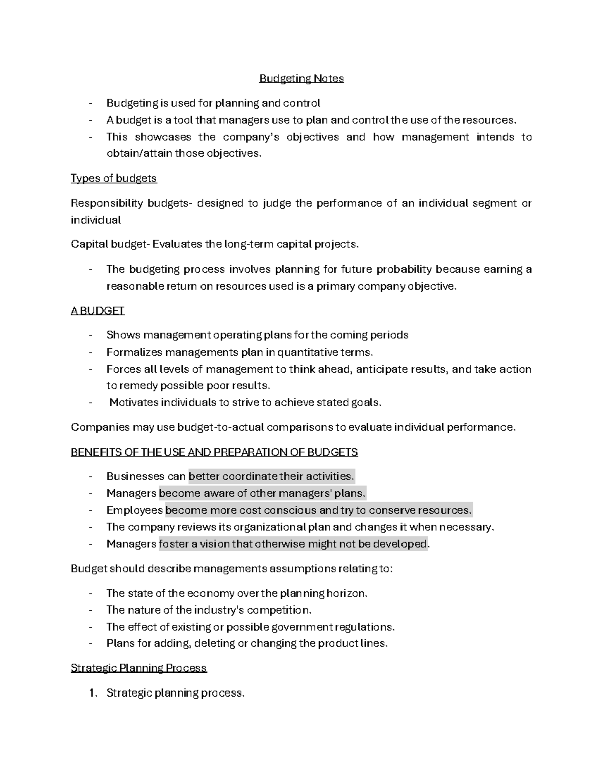 Budgeting Notes: Understanding Planning and Control Mechanisms - Studocu