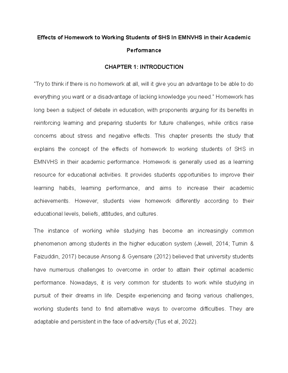 Effects of Homework on Academic Performance of SHS Working Students: CH ...