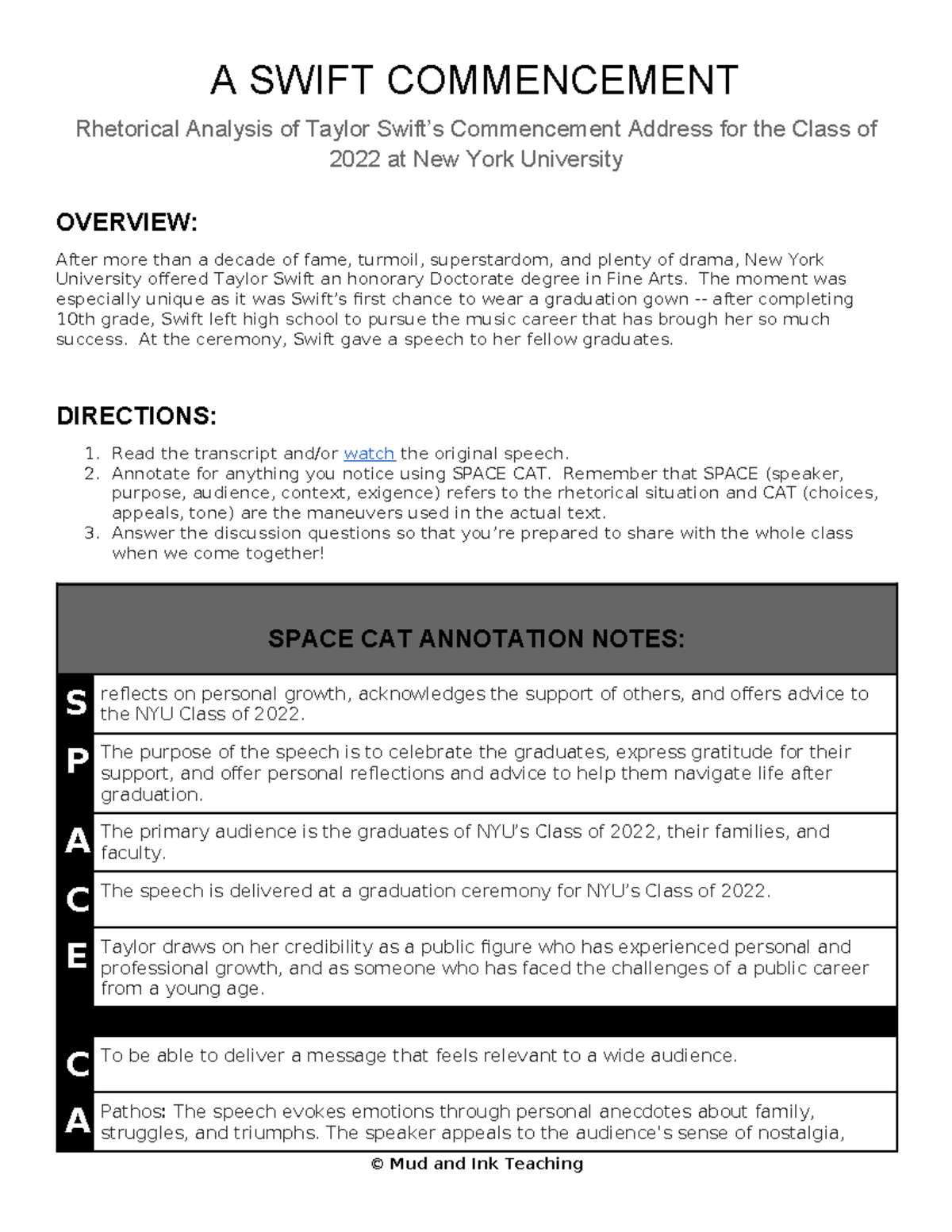 Taylor Swift Commencement Address Rhetorical Analysis Practice - A ...
