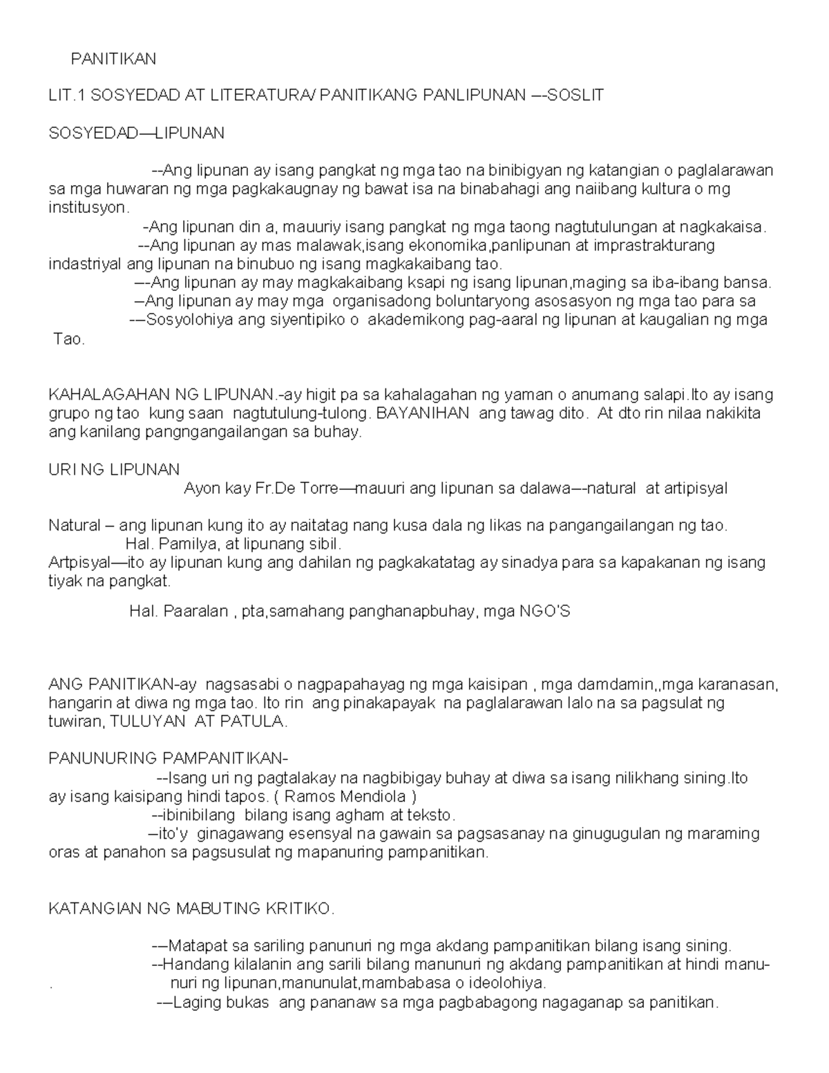 Panitikan - LESSON - PANITIKAN LIT SOSYEDAD AT LITERATURA/ PANITIKANG ...