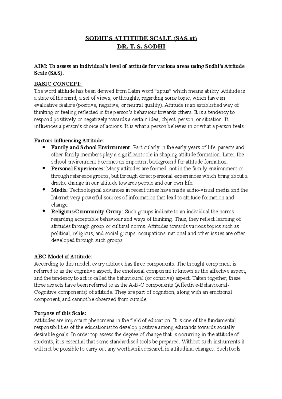 SAS (2023-24) - Comprehensive Overview of Sodhi's Attitude Scale - Studocu