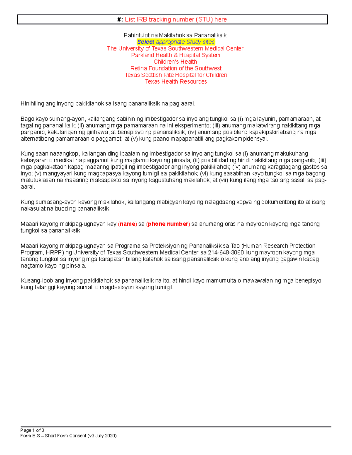 Forms form e.s short form consent tagalog - #: List IRB tracking number ...