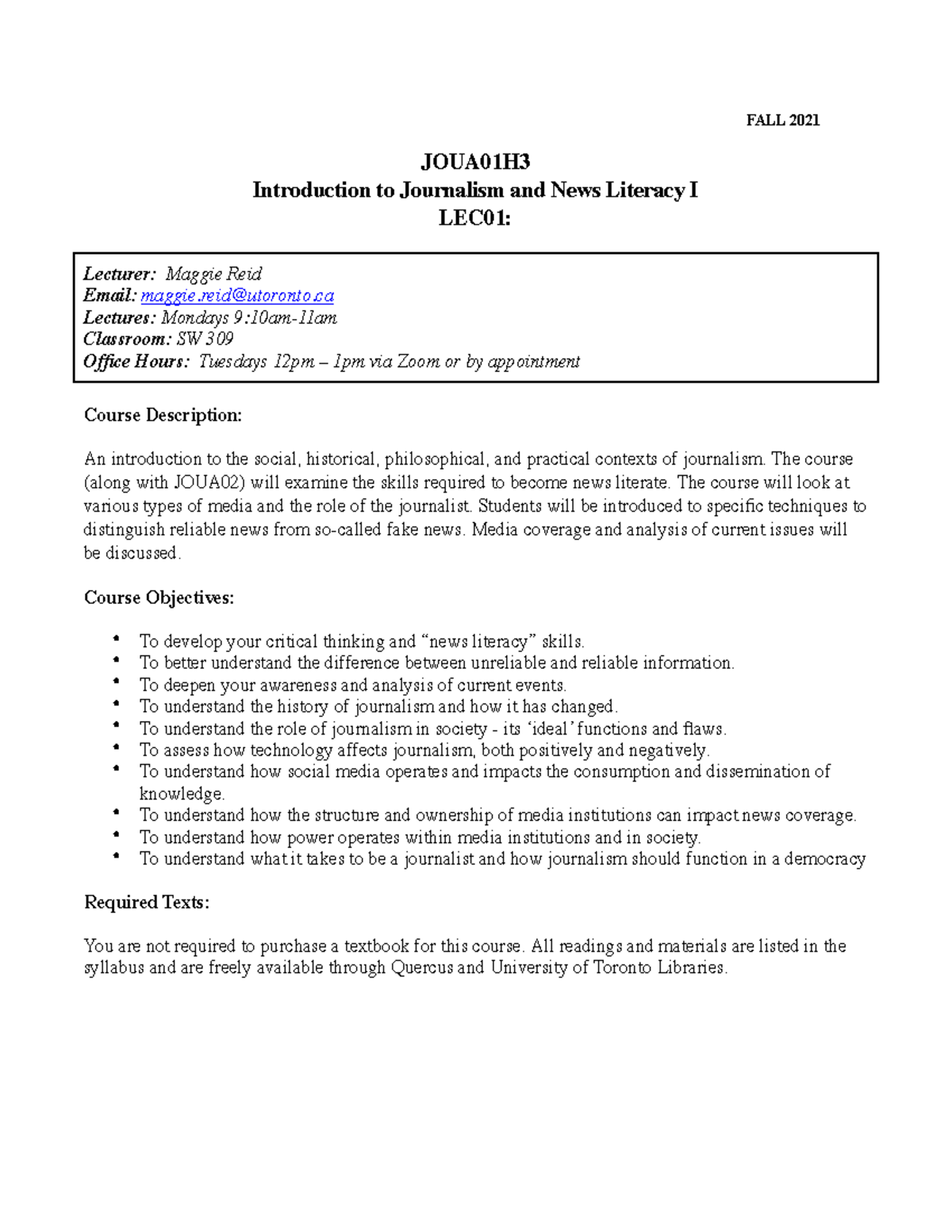 JOUA01H Syllabus & Course Info for Introduction to Journalism I - Studocu