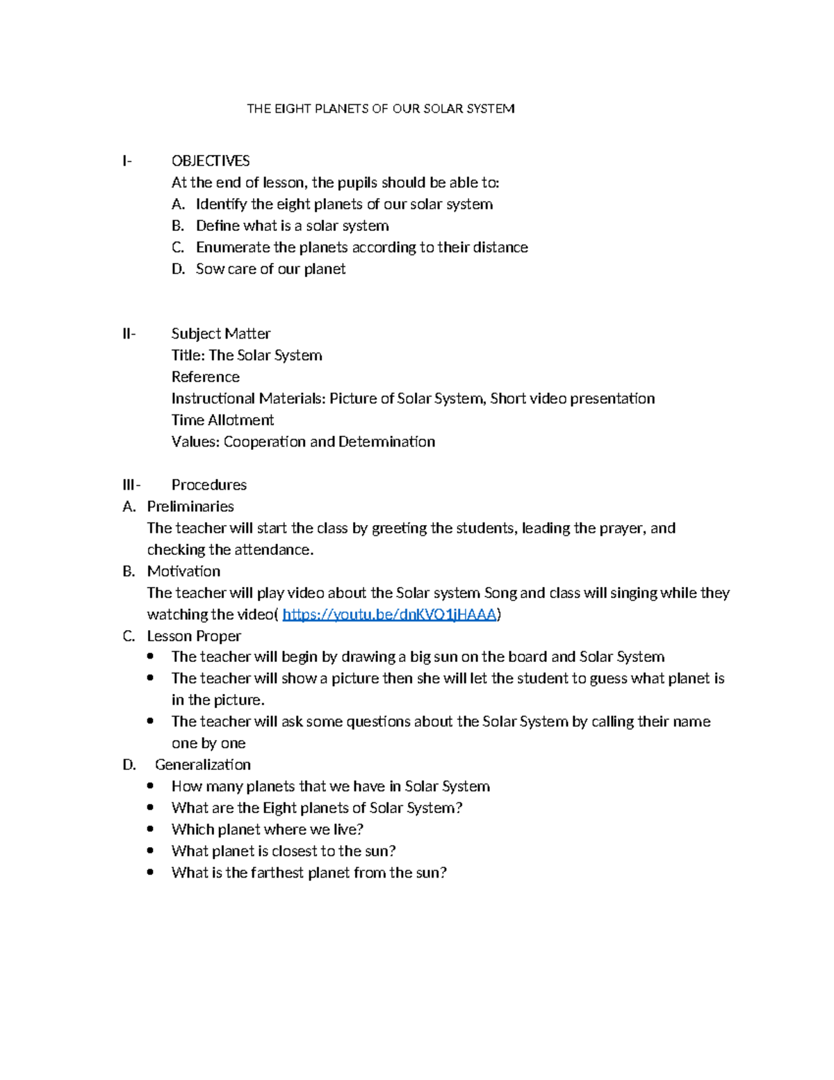 SEMI-Detailed Lesson Plan: The Eight Planets of Our Solar System - Studocu