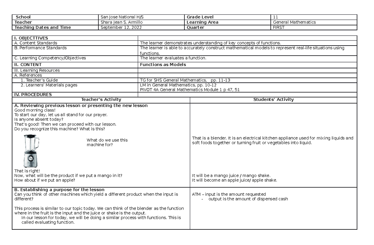Evaluating Functions - School San Jose National H/S Grade Level 11 ...