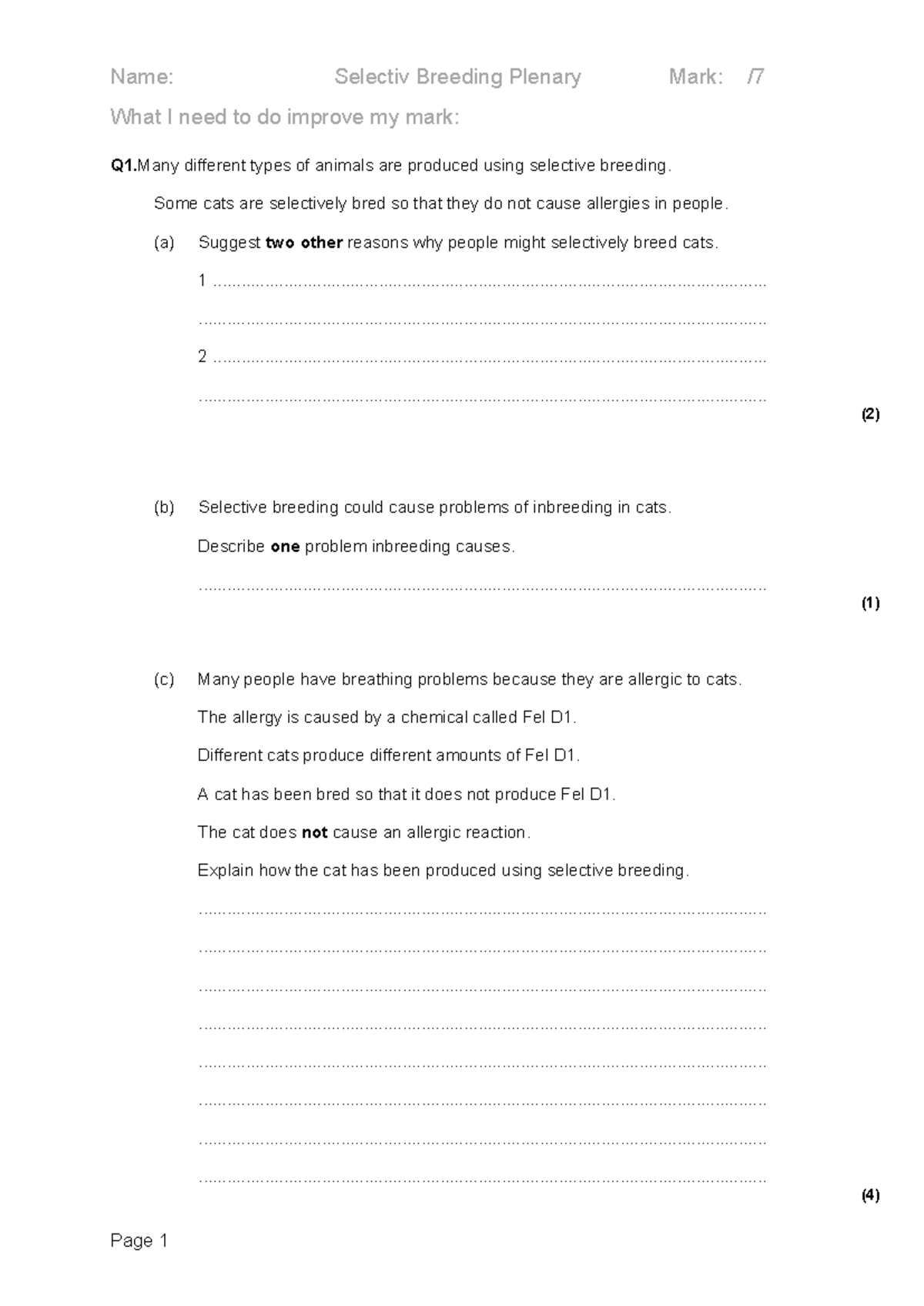 Ws 12 Selective Breeding Exam Questions and Mark Scheme Plenary - Studocu