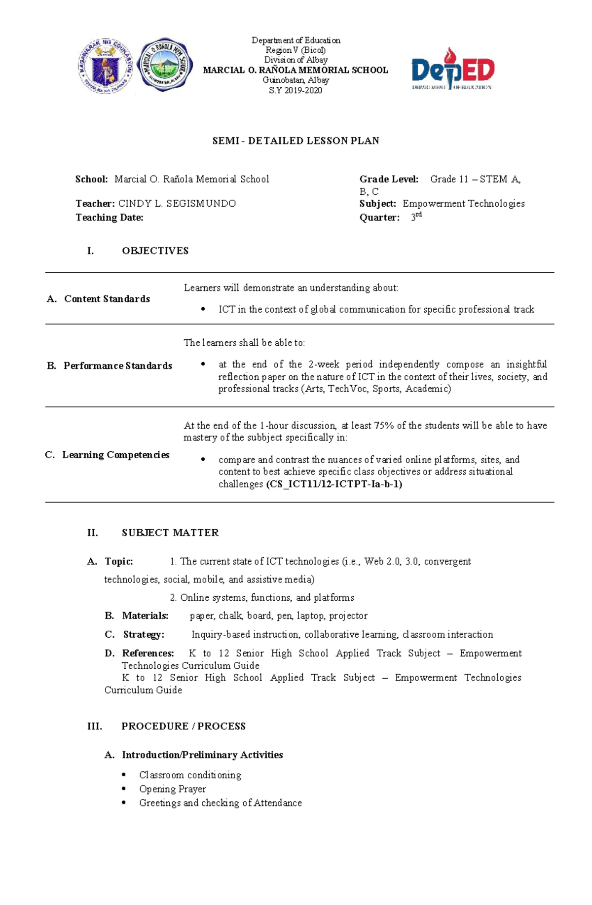 COT 2 - Detailed Lesson Plan for Empowerment Technology Grade 11 - Studocu