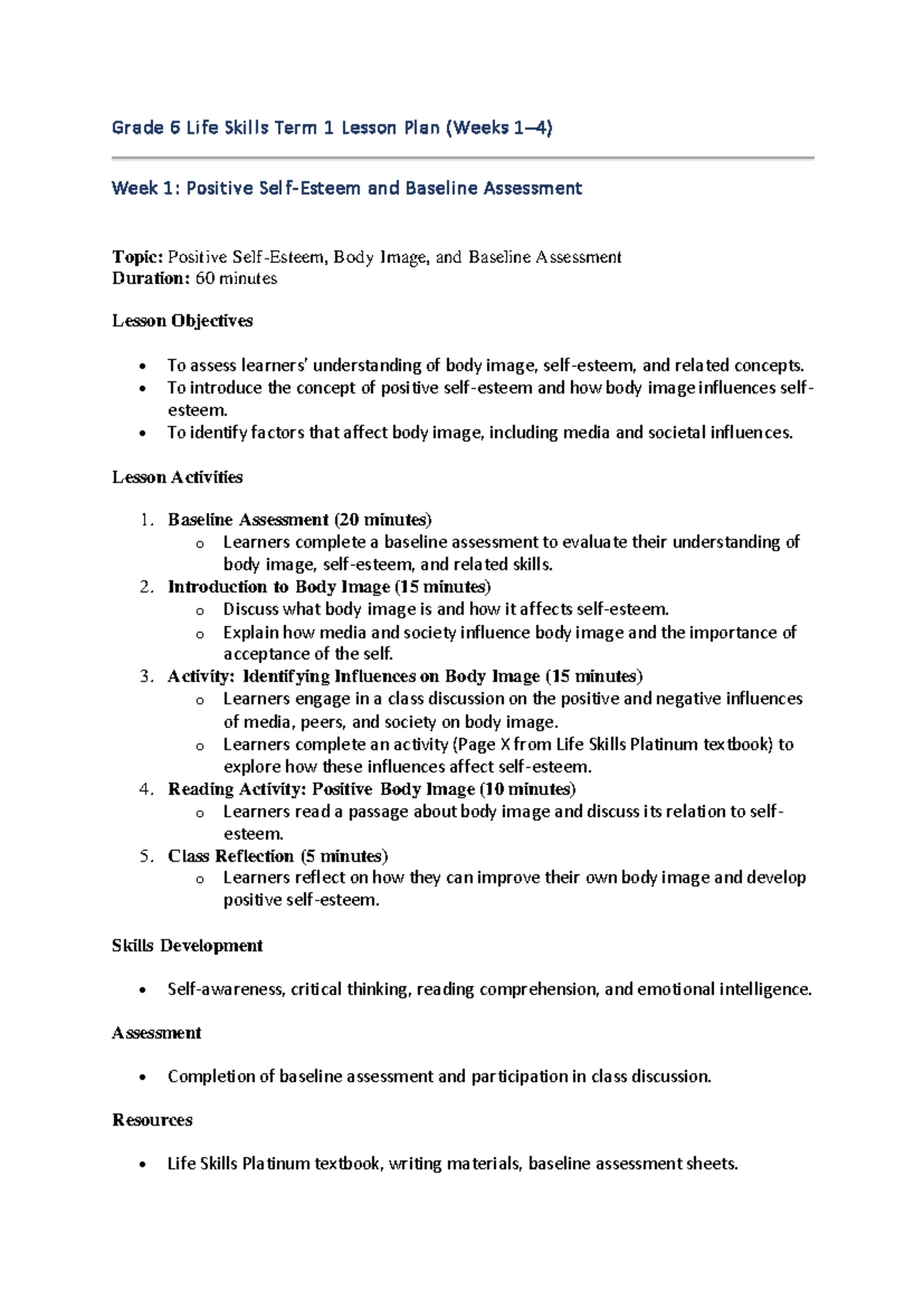 Grade 5 Life Skills Lesson Plans for Term 1: Self-Concept & Feedback ...